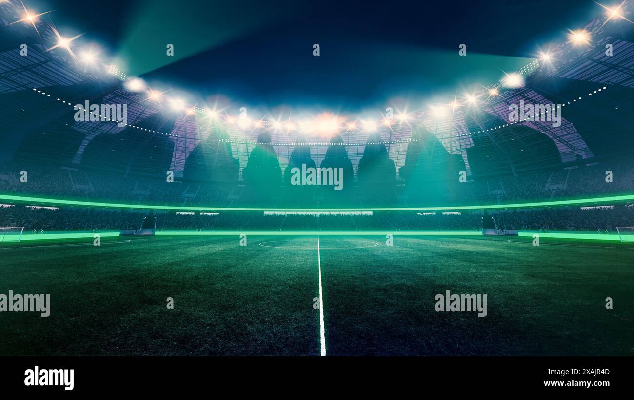 Modern empty football stadium illuminated by spotlights with stages ...