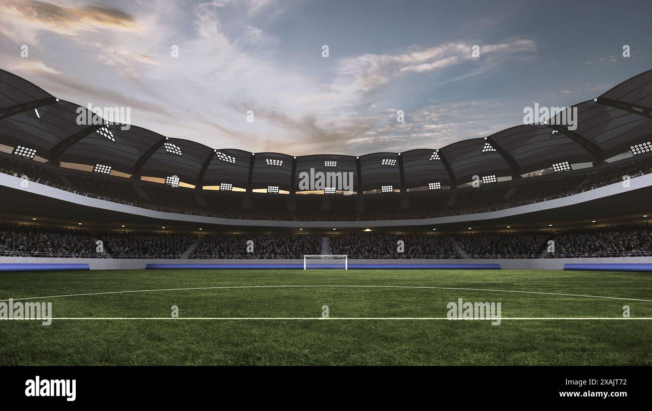 Large empty soccer stadium with green field surrounded stages filled of ...