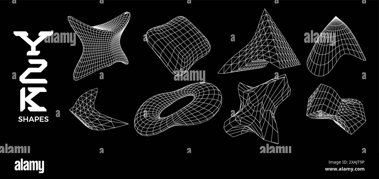 Set of 3D wireframe shapes in brutalism style. Fluid geometric grid ...