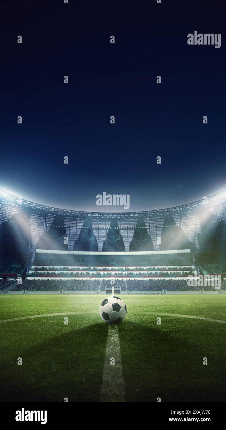 3D render of open air football empty stadium with single ball on grass ...