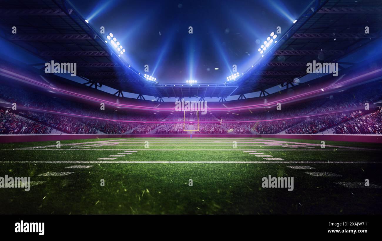 Aerial view of 3D render American football, soccer stadium with blurred ...