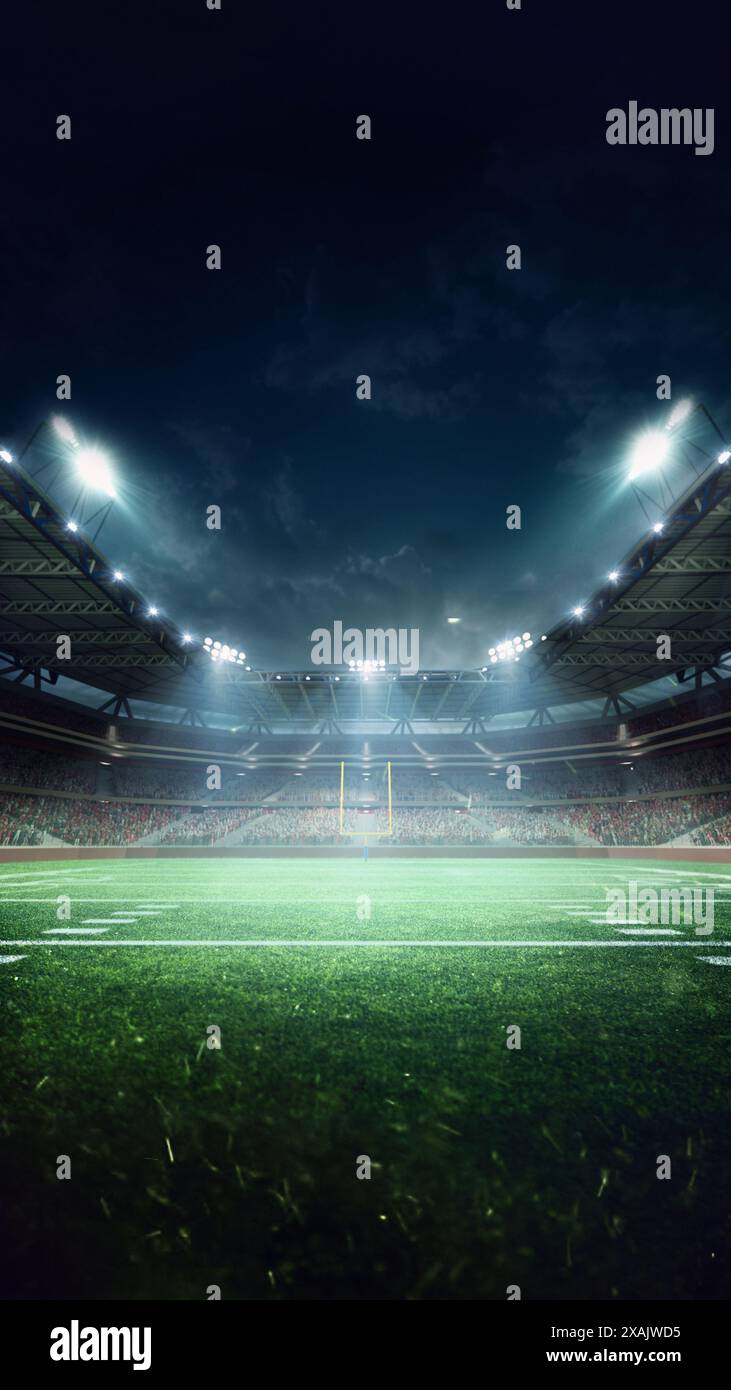 3D render of soccer empty stadium, open air arena with blurred tribune ...
