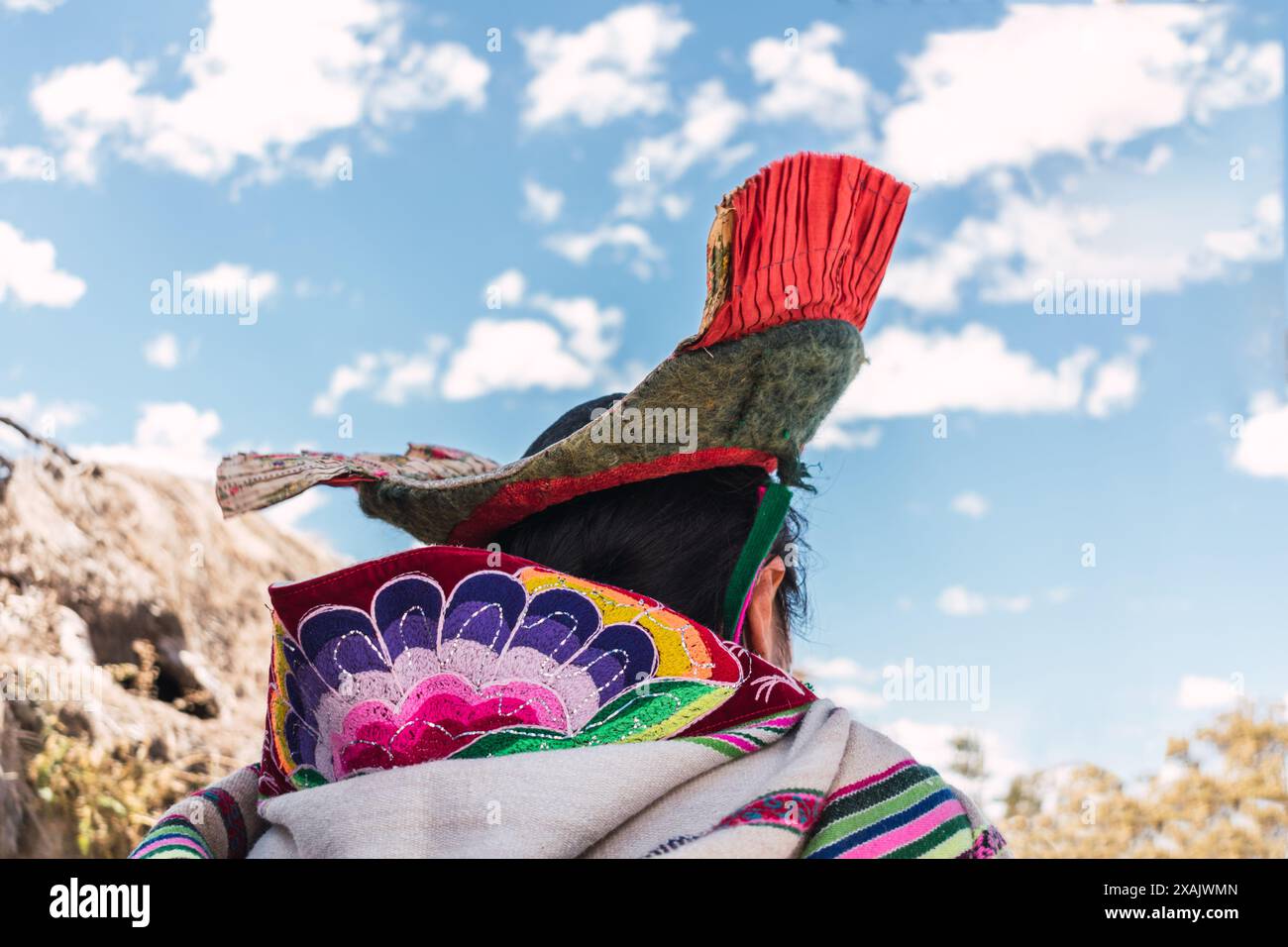 indigenous women walking dressed in typical costumes made of alpaca ...