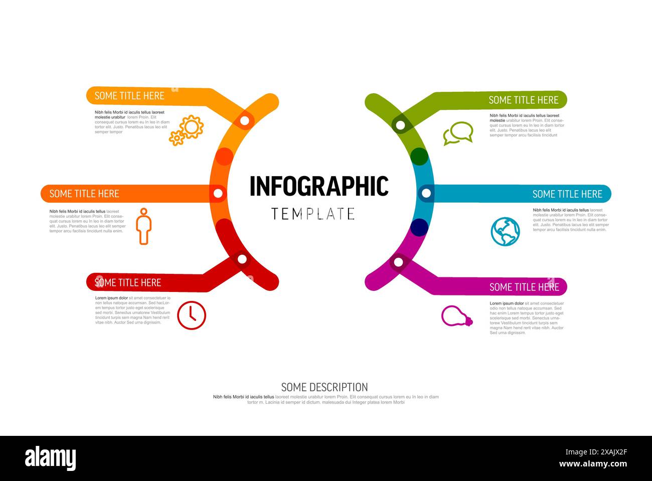 Simple infographic schema diagram template with center content and six ...