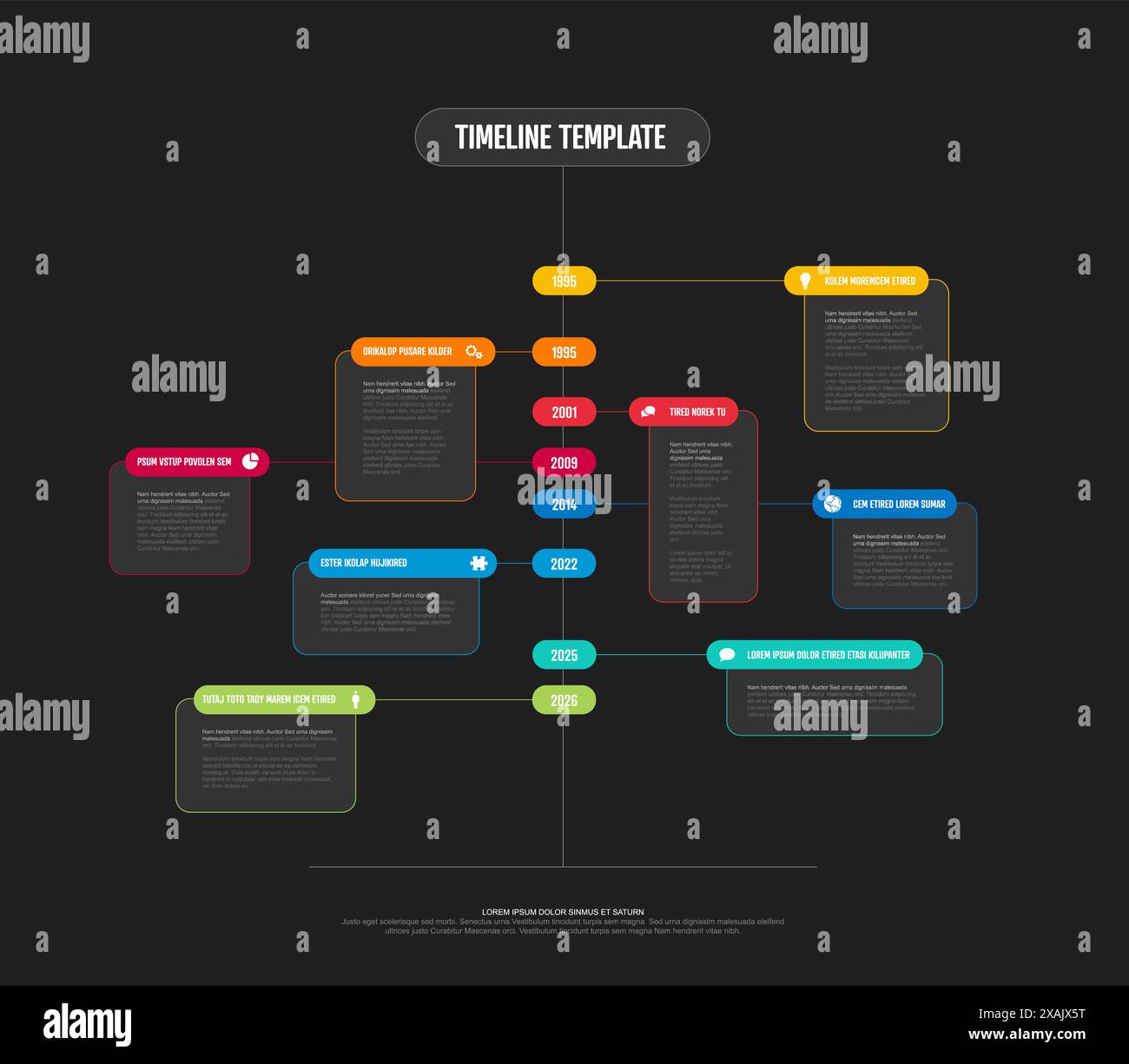 Simple dark vertical timeline template with rounded color year blocks ...