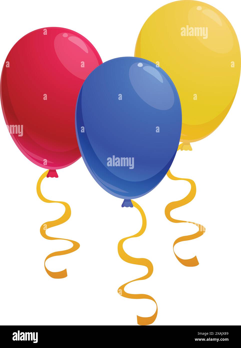 Three colorful balloons are floating with golden ribbons creating a ...