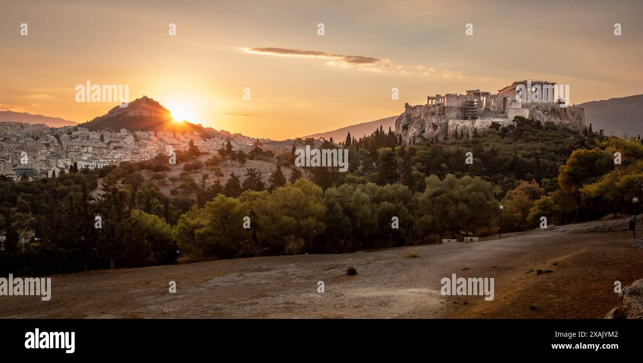 Panoramic sunrise view of Athens from Pnyx Hill, with the Acropolis to ...