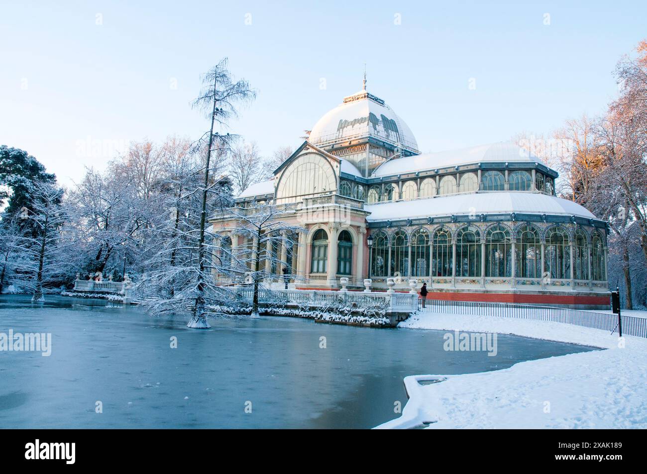 Snow covered Cristal Palace. El Retiro park, Madrid, Spain Stock Photo ...