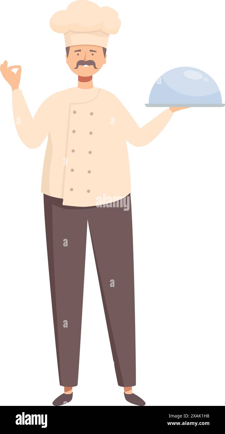 Smiling chef is holding a meal tray covered with a cloche and gesturing ...