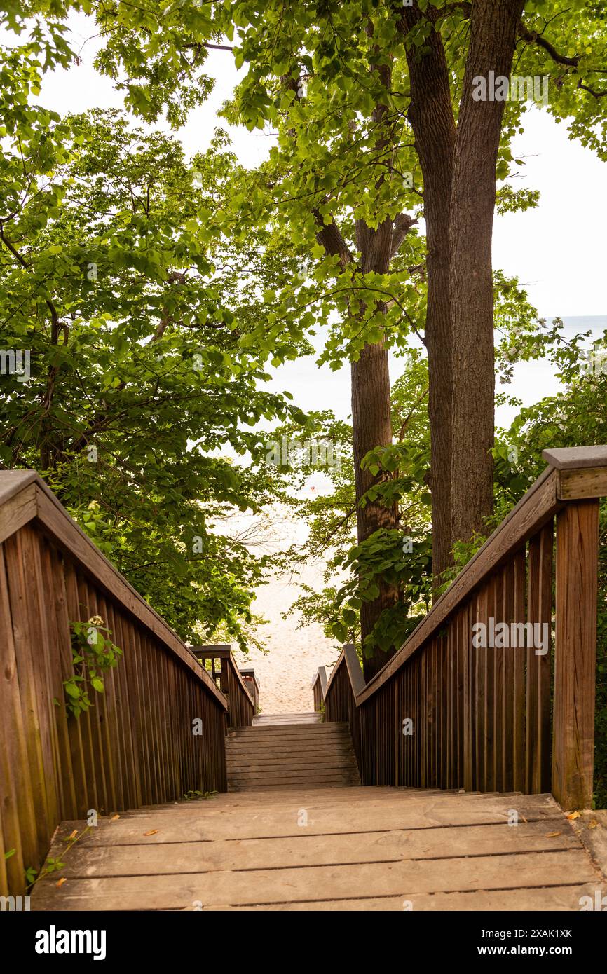 Wooden stairs leading to a public beach in New Pier, Michigan Stock ...