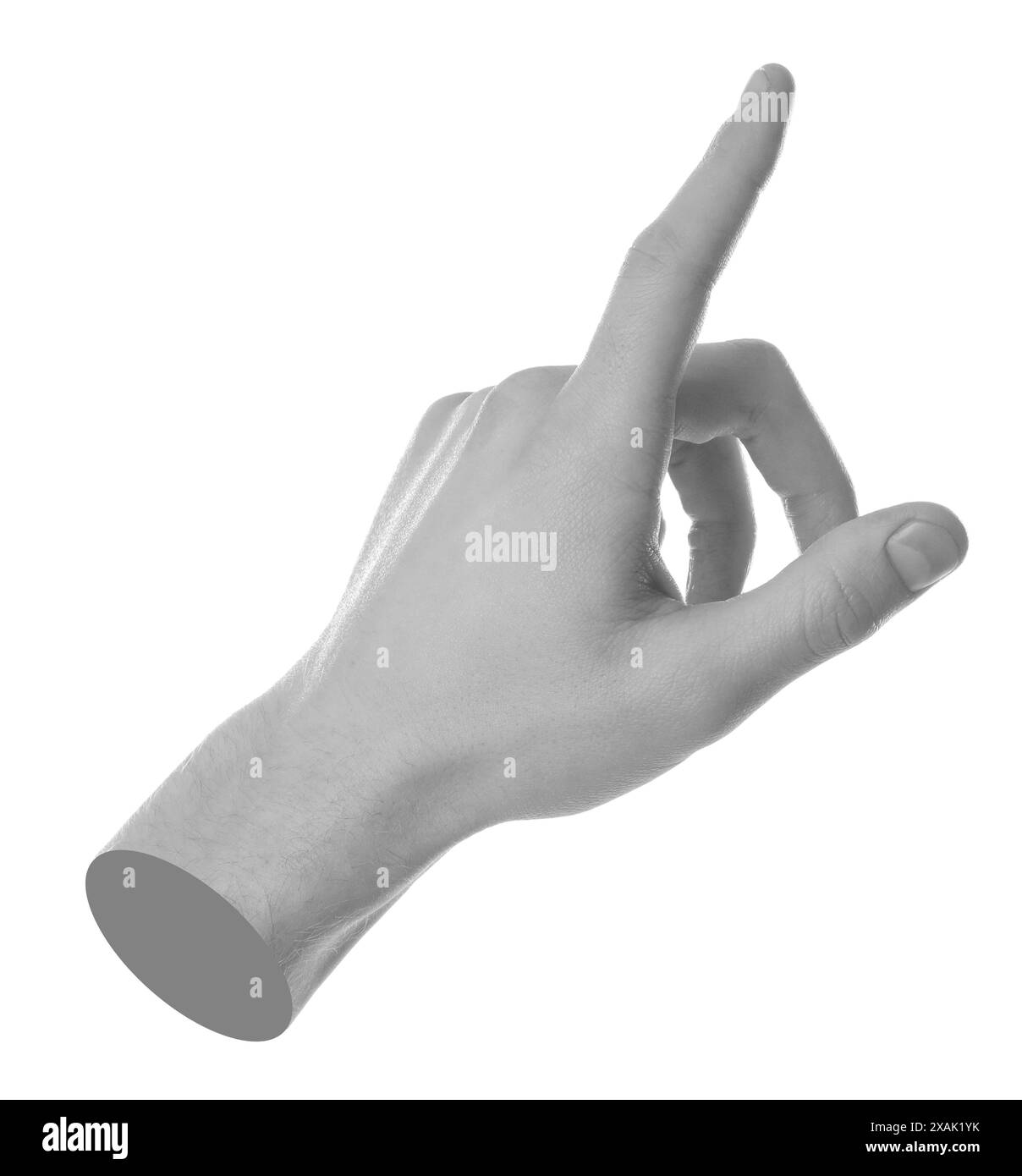 Man's hand pointing at something on white background. Black and white ...