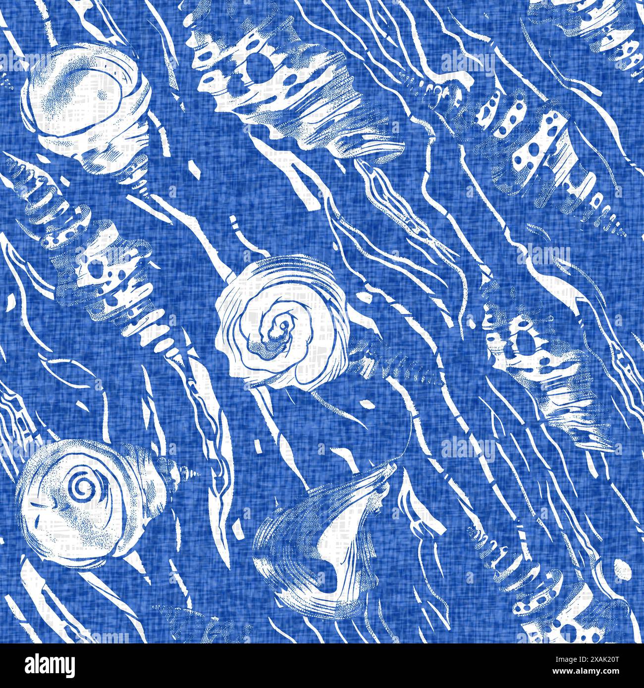 Azure blue white shell motif with linen seamless batik background ...