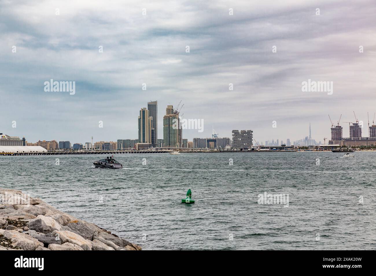 View from Ain Dubai of the high-rise buildings, skyscrapers, Burj ...