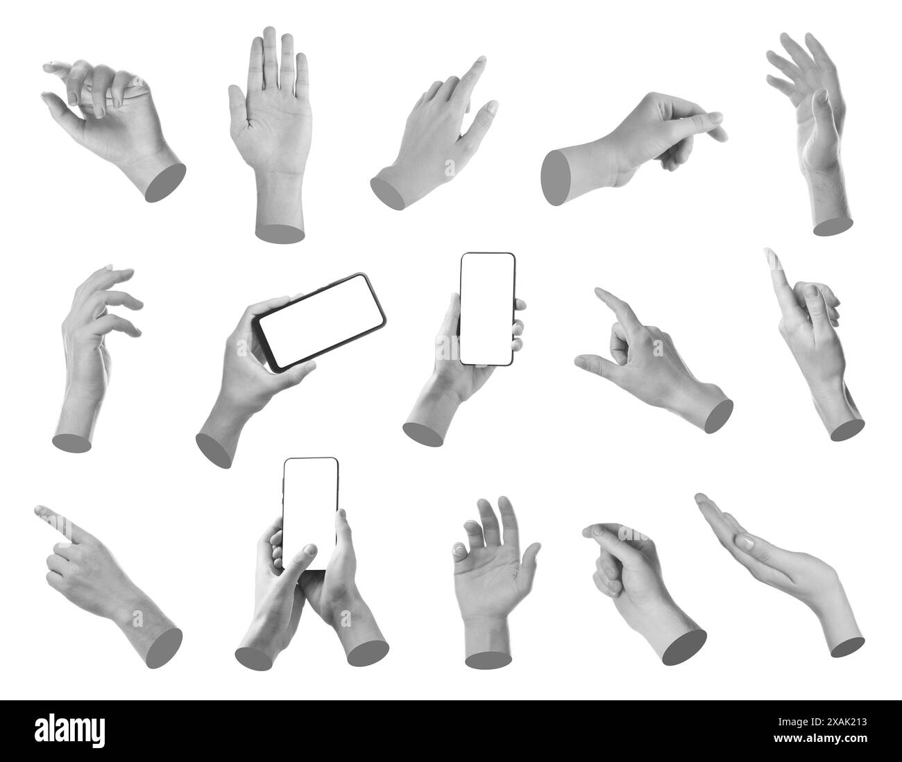 Set of different hand gestures isolated on white. Black and white ...