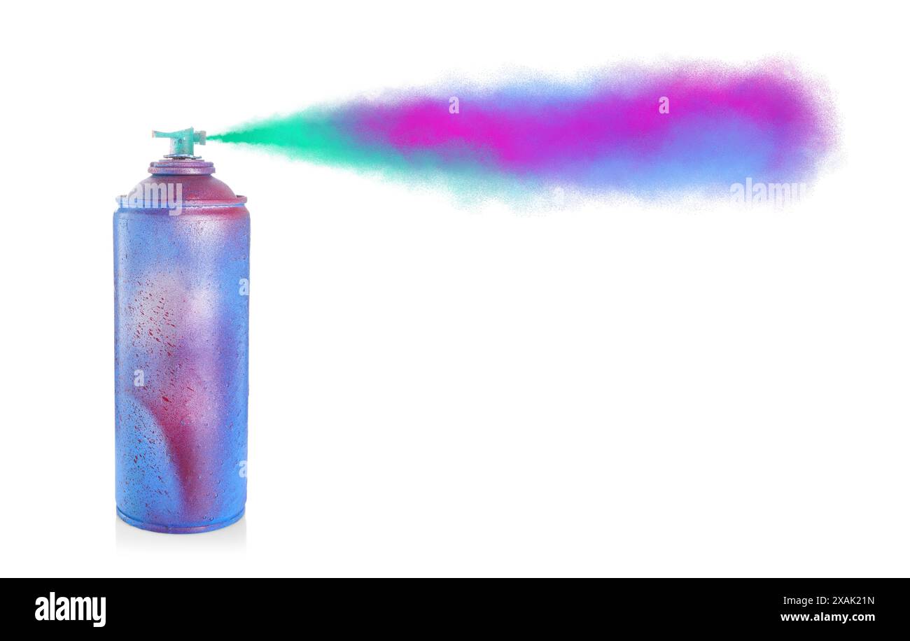 Aerosol can spraying colorful paint isolated on white Stock Photo - Alamy