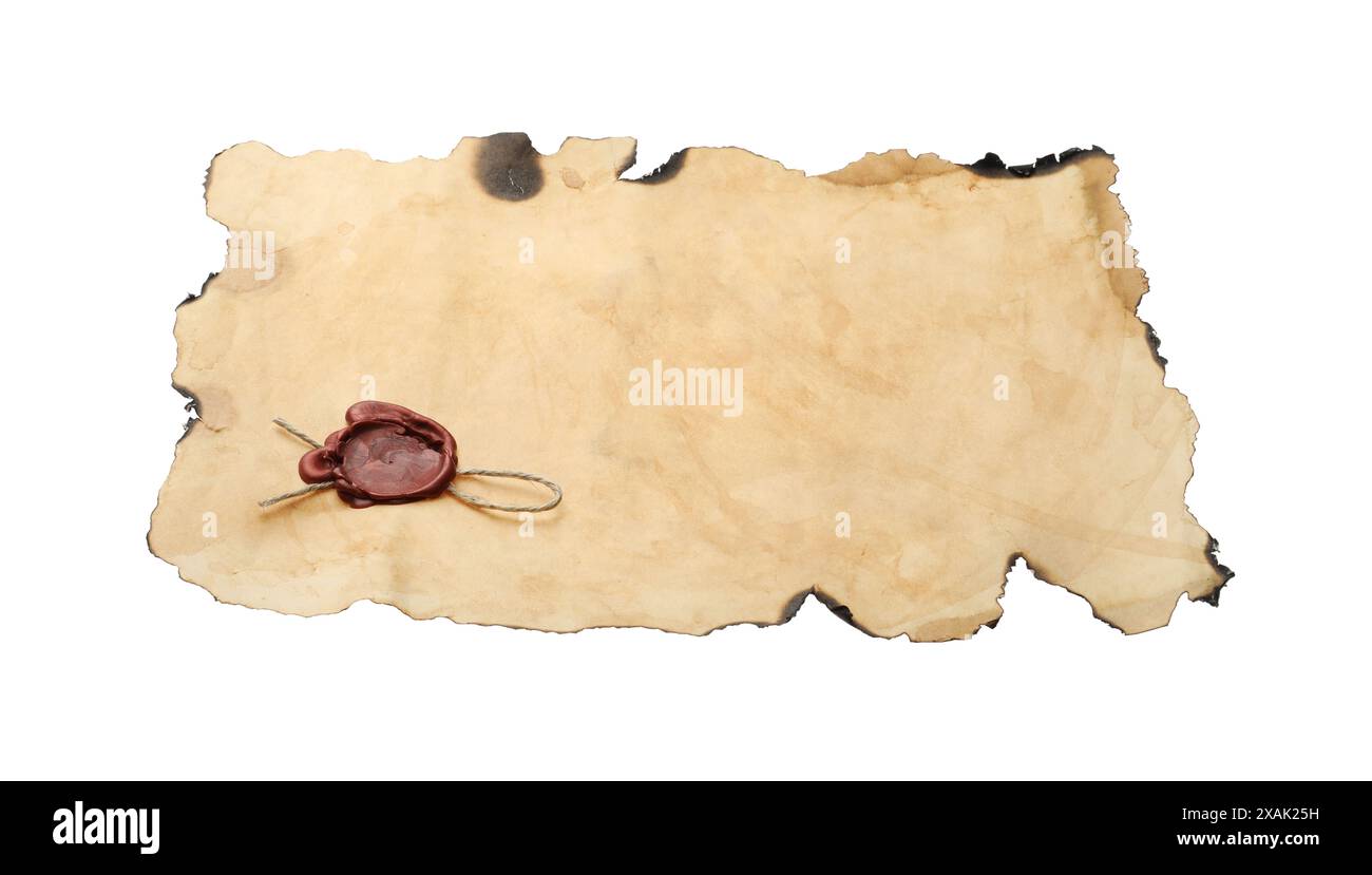 Sheet of old parchment paper with wax stamp isolated on white Stock ...