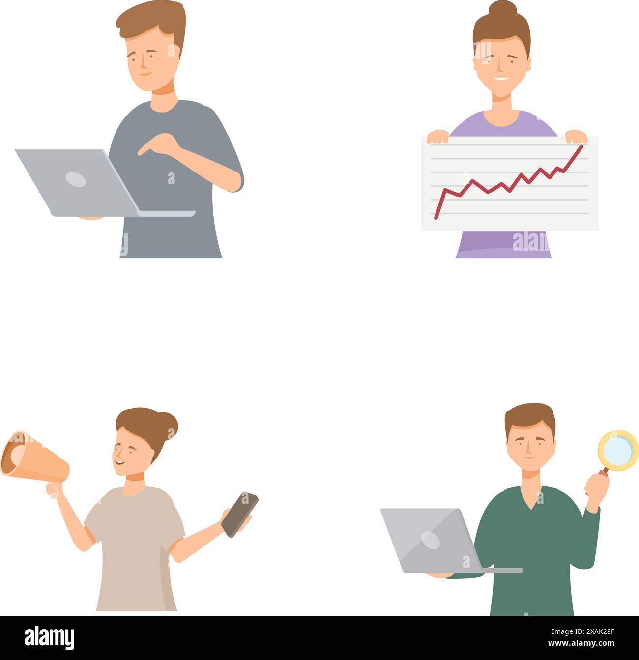 Collection of four illustrated business people engaging in different ...