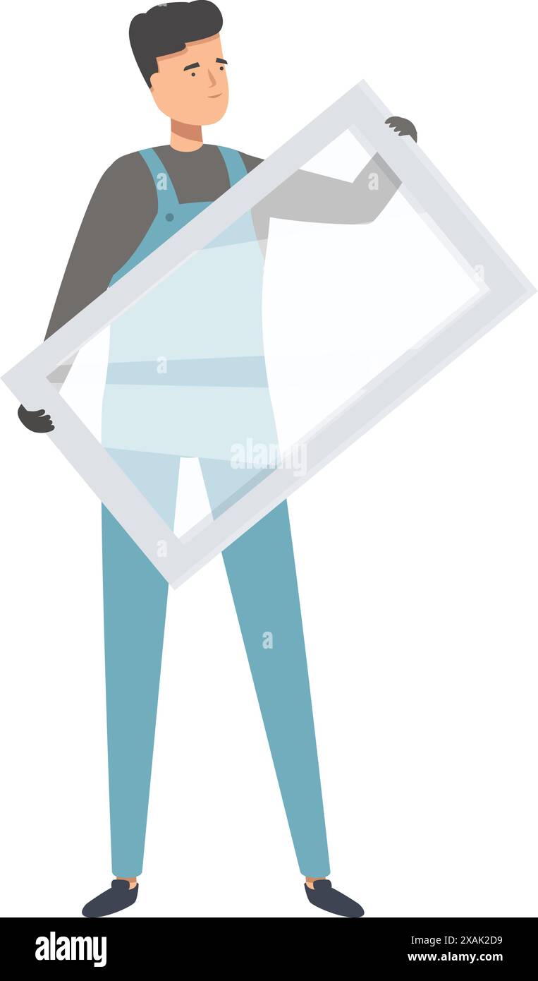 Glazier wearing blue dungarees and gloves is carefully holding a large ...