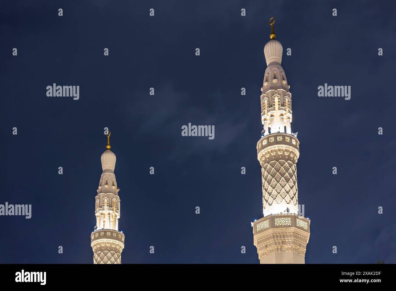 The towers of the Jumeirah Mosque, evening lighting, Dubai, United Arab ...