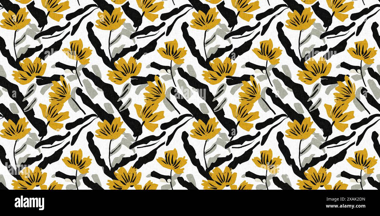 Modern printed fabric flower block print pattern with linen texture ...