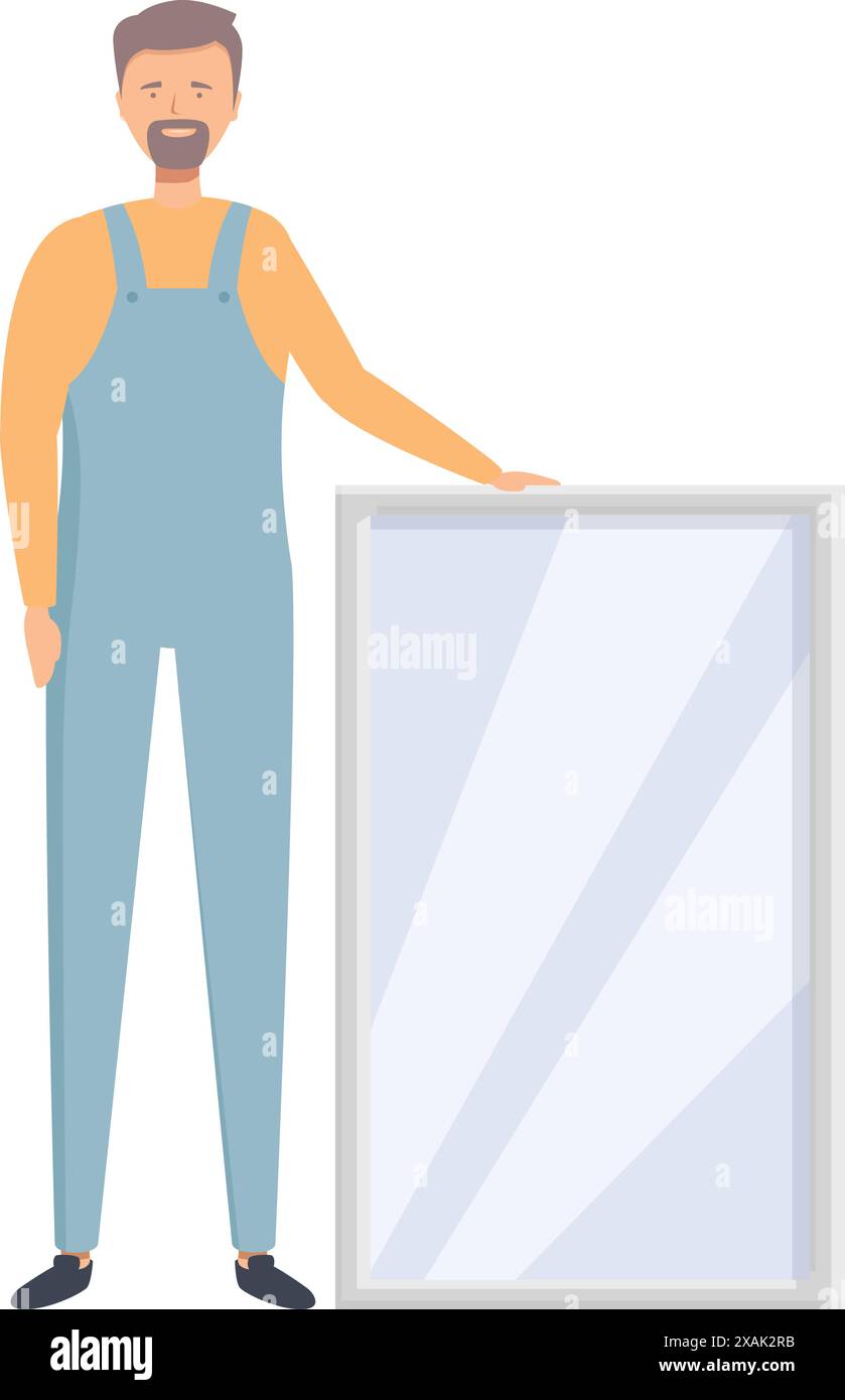 Glazier holding big window glass pane smiling at work Stock Vector ...