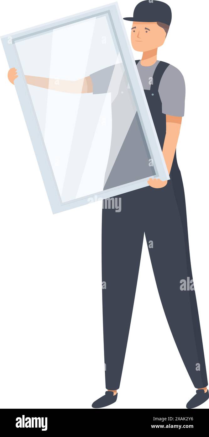 Handyman wearing uniform holding big window glass pane installing or ...