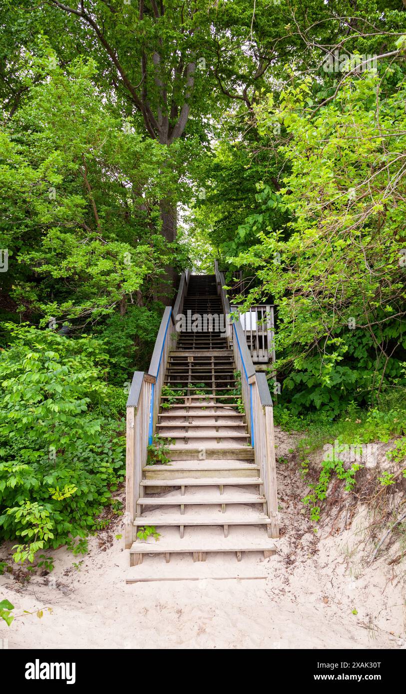 Wooden stairs leading to a public beach in New Pier, Michigan Stock ...