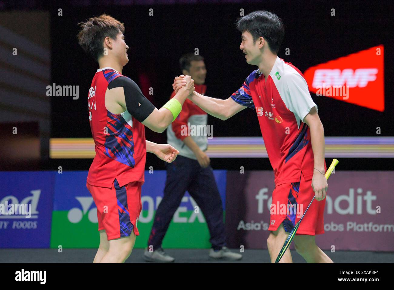 Jakarta, Indonesia. 7th June, 2024. Liang Weikeng (L) /Wang Chang celebrate after the men's ...