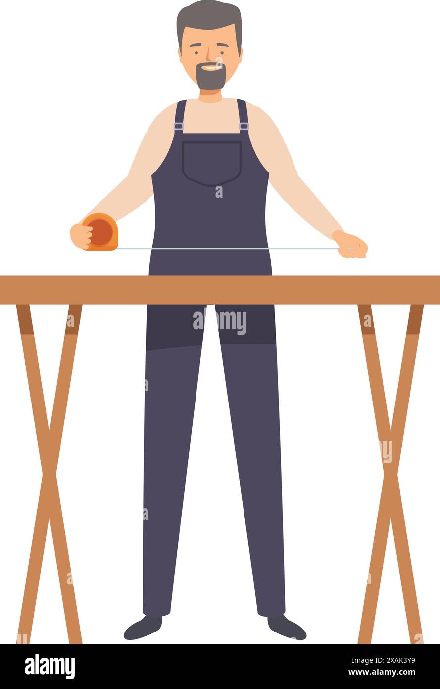 Experienced carpenter measuring wooden plank using tape measure Stock ...