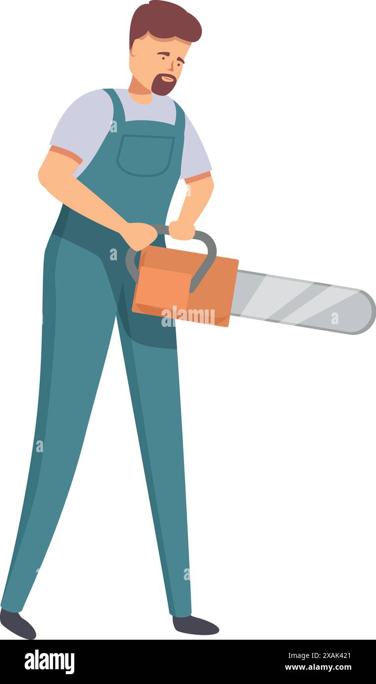 Lumberjack wearing green overalls holding chainsaw preparing to cut ...