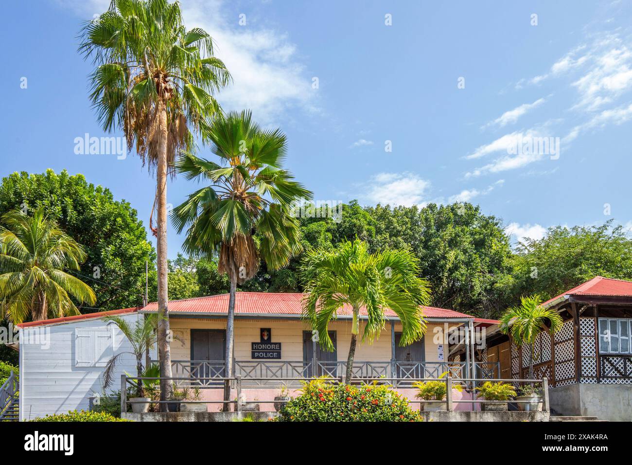 Deshaies, historic Caribbean wooden building of a street in Guadeloupe ...