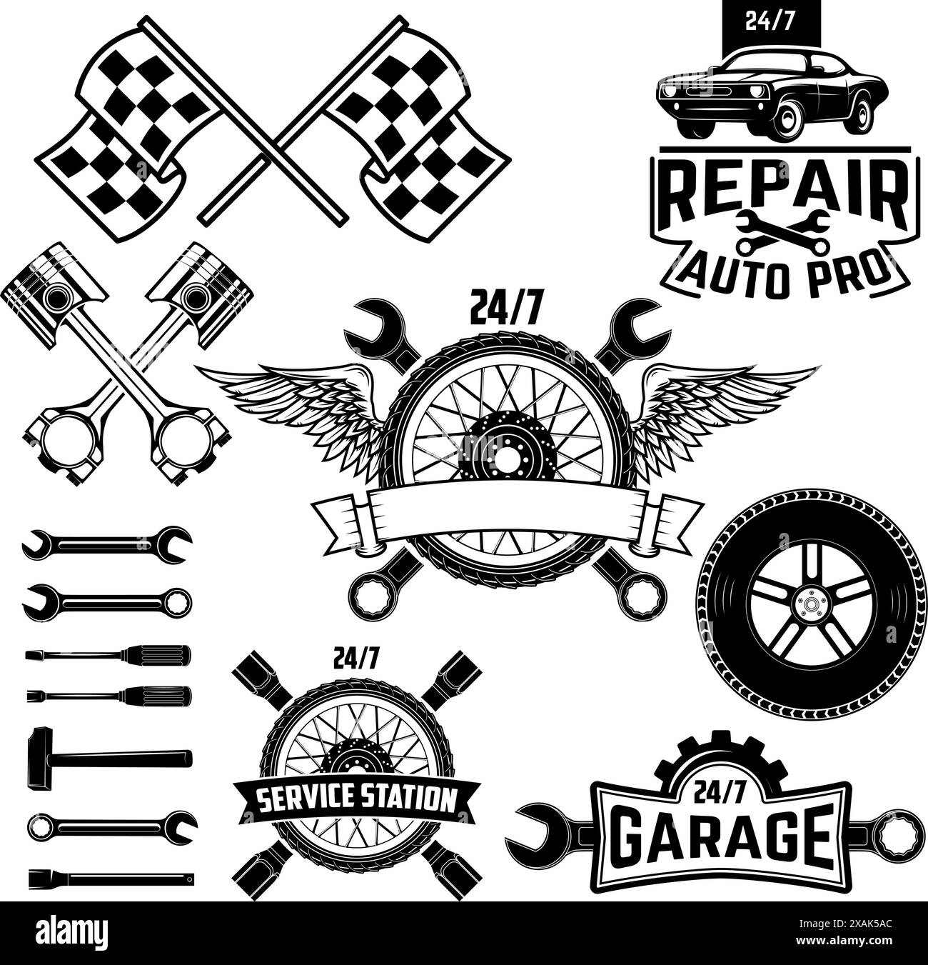 Collection of vintage retro grunge car labels, badges and icons. Garage ...