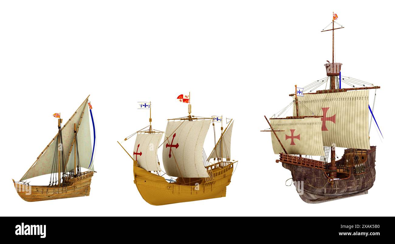 Santa Maria, Nina and Pinta of Christopher Columbus isolated on white ...