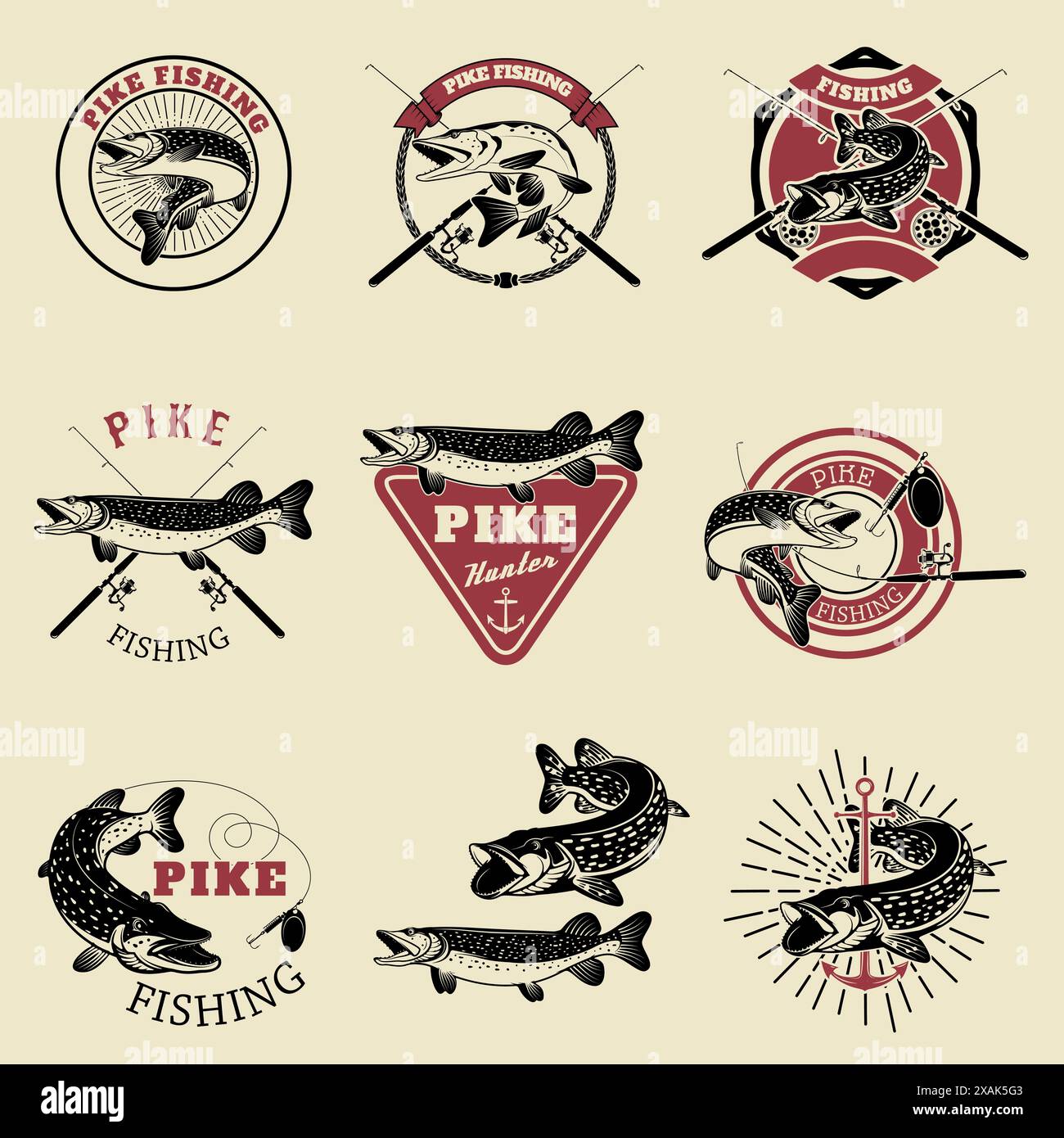 Pike fishing labels. Fishing club, team emblems templates. Vector ...