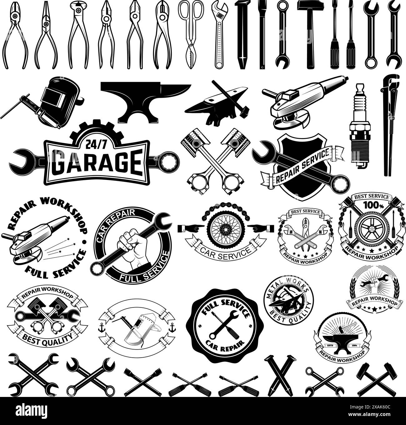 Set of repair, service workshop labels and design elements. Vector ...