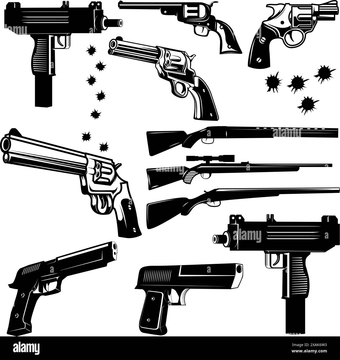 Big Set Of Pistols And Bullet Holes Isolated On White Background Handguns Set On White