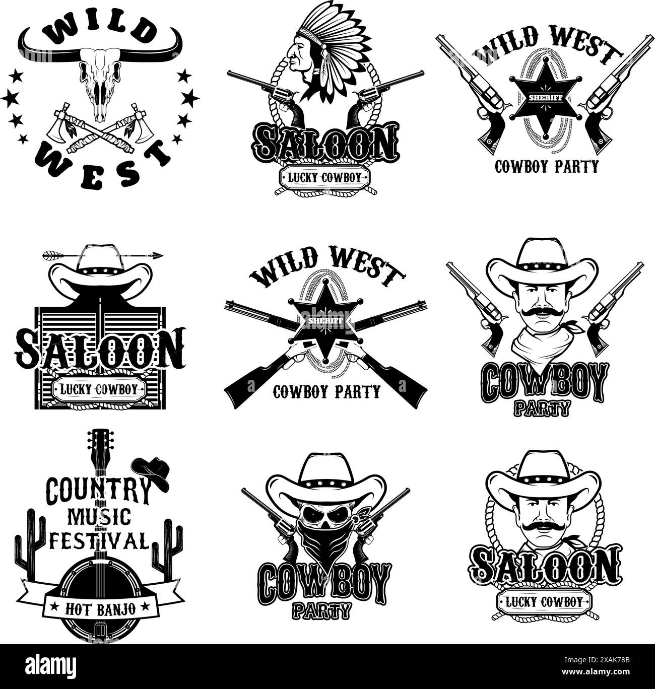 Set of cowboy, rodeo, wild west monochrome labels and badges isolated ...