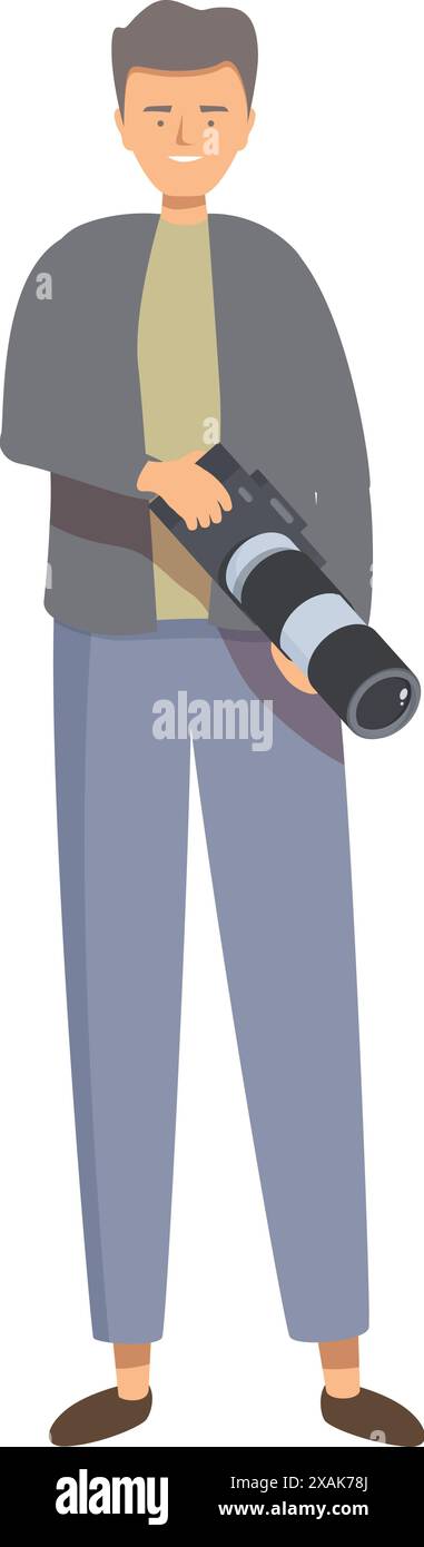 Smiling photographer holding a camera with a telephoto lens is ready ...