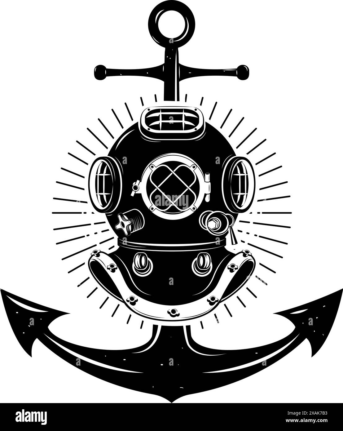 Born to dive. Vintage style diver helmet with anchor isolated on white ...