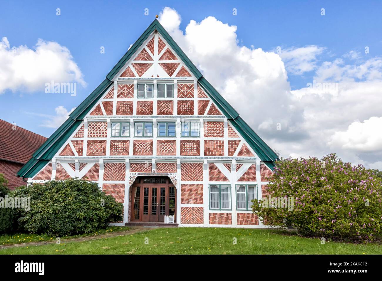Old farmhouse, half-timbered house with thatched roof Stock Photo - Alamy
