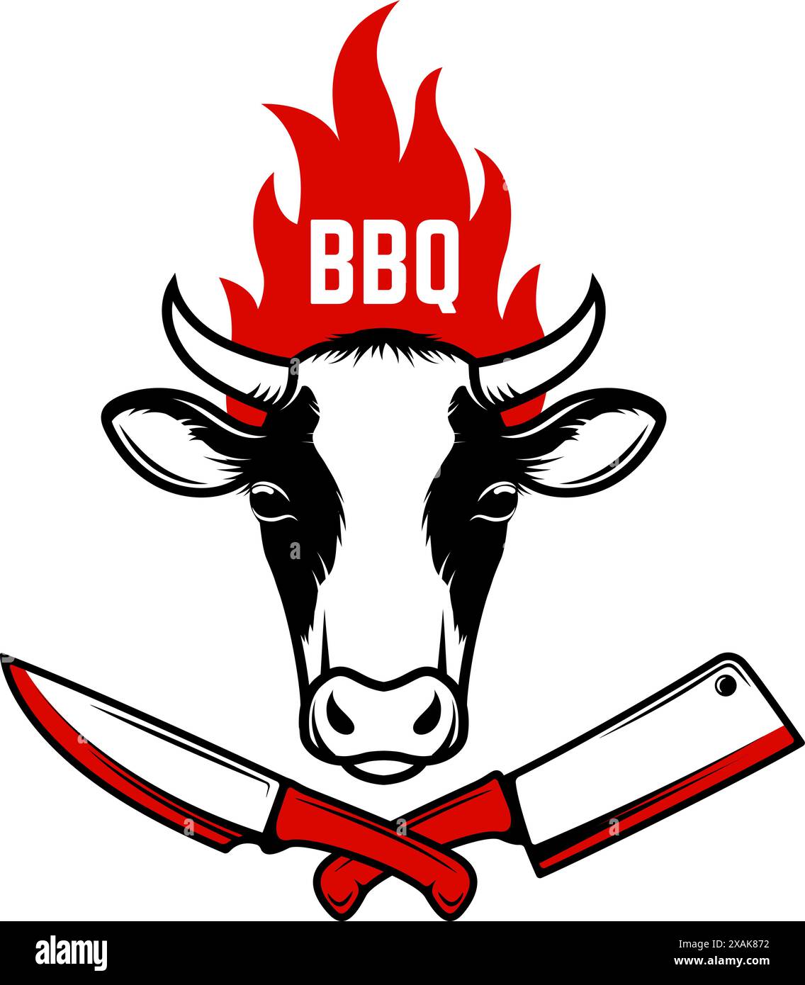 BBQ. Cow head on fire background, knife and meat cleaver. Design ...