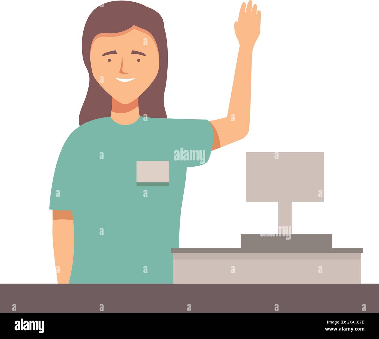 Smiling cashier woman is waving hand at cash desk in supermarket Stock ...