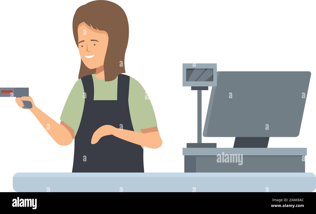 Cashier standing at cash register scanning products for customer Stock ...