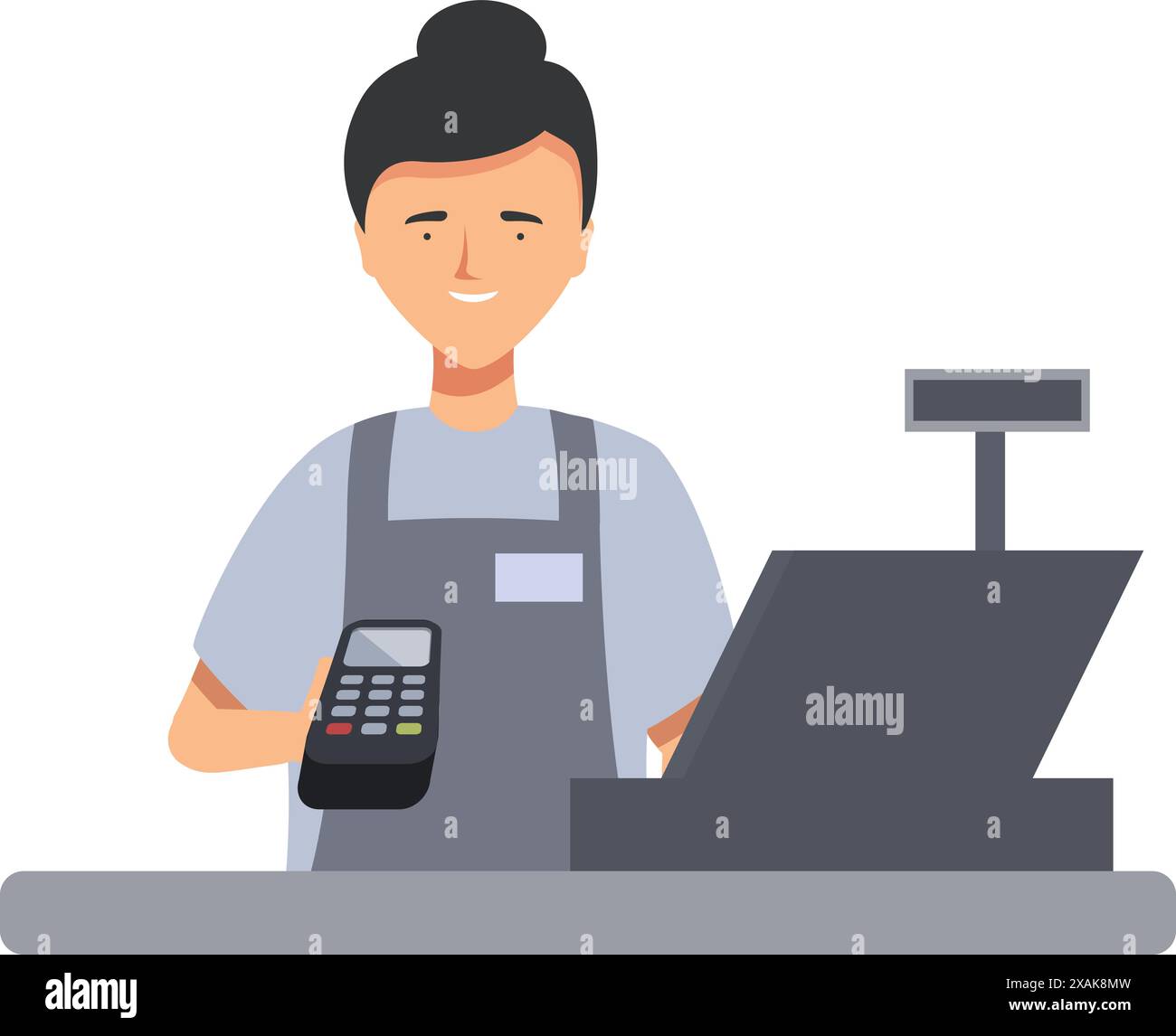 Smiling cashier holding a payment terminal, ready to process a purchase ...