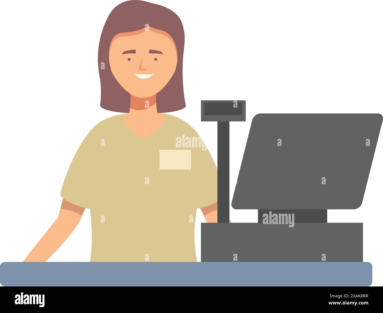 Illustration featuring a young cashier working at her cash register ...