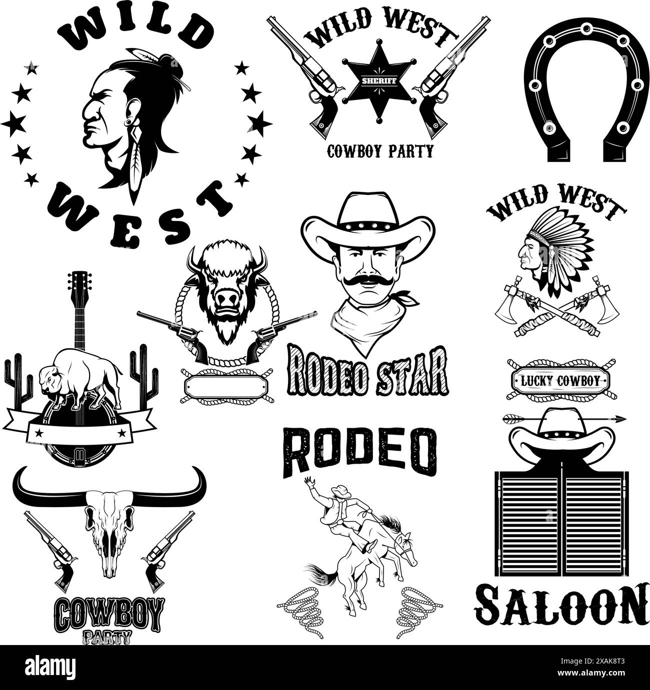 Wild West emblems set. Native americans. Saloon. Country music. Cowboy ...