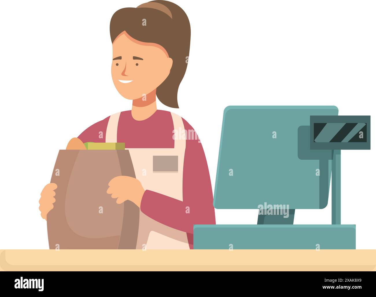 Friendly cashier is packing a grocery bag at the checkout counter of a ...