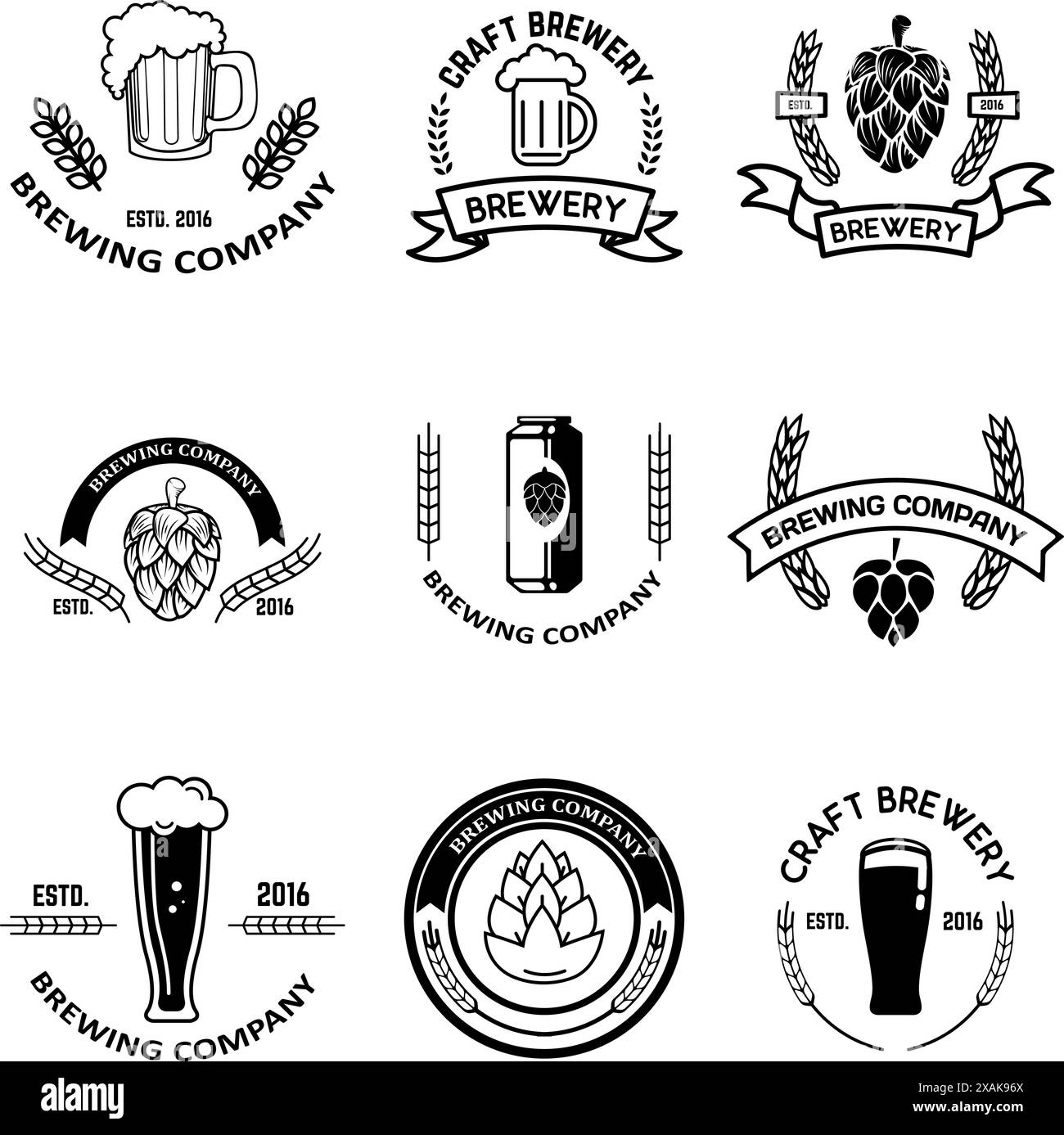 Set Of Beer Labels In Line Style Design Elements For Logo Label Emblem Sign Brand Mark