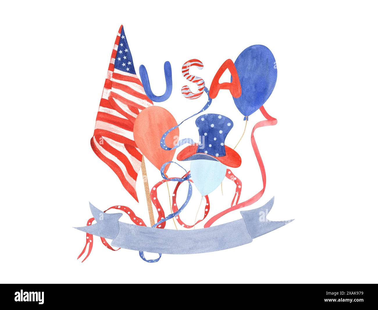 American Independence Day. National flag, balloons and hat. Title USA ...
