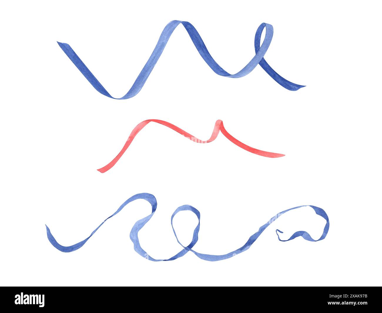 Three long simple tapes. Swirl ribbon. Blue and red ribbons. Watercolor ...